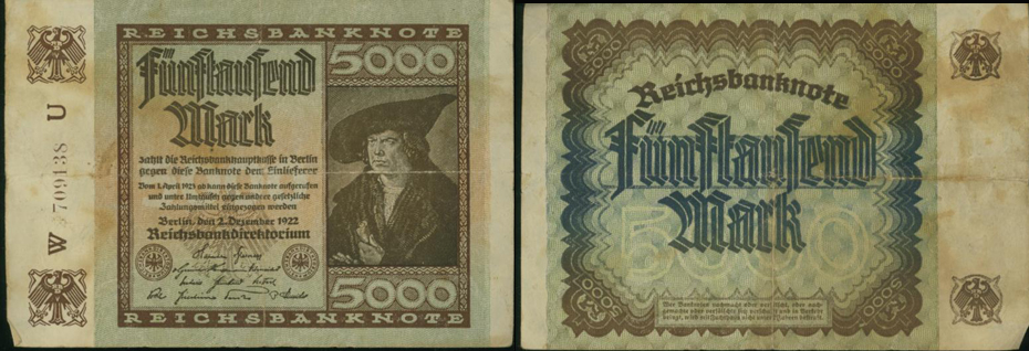 Reichsbanknote 5000 Mark 1922 gefaltet